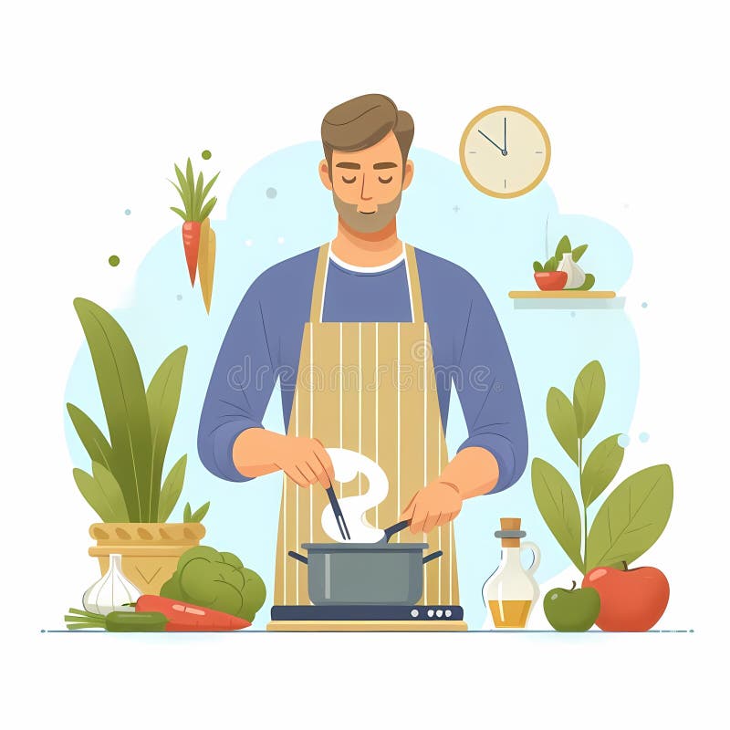 Man Cooking in Kitchen – Flat Illustration on White Background Stock ...
