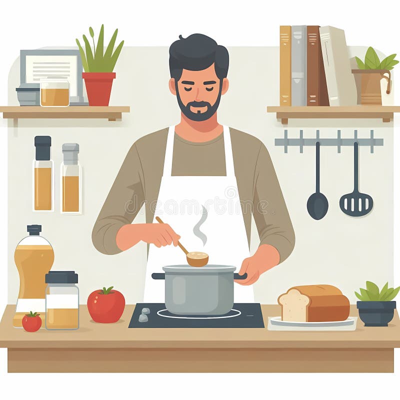 Man Cooking in Kitchen – Flat Illustration on White Background Stock ...