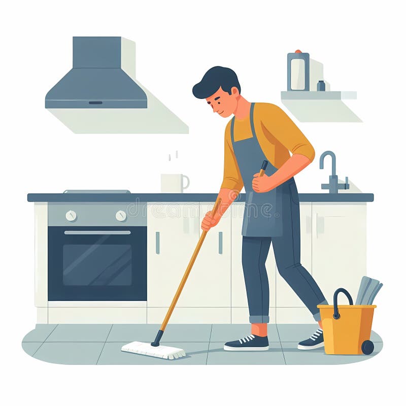 Flat Style Illustration of a Man Mopping the Kitchen Floor, White ...