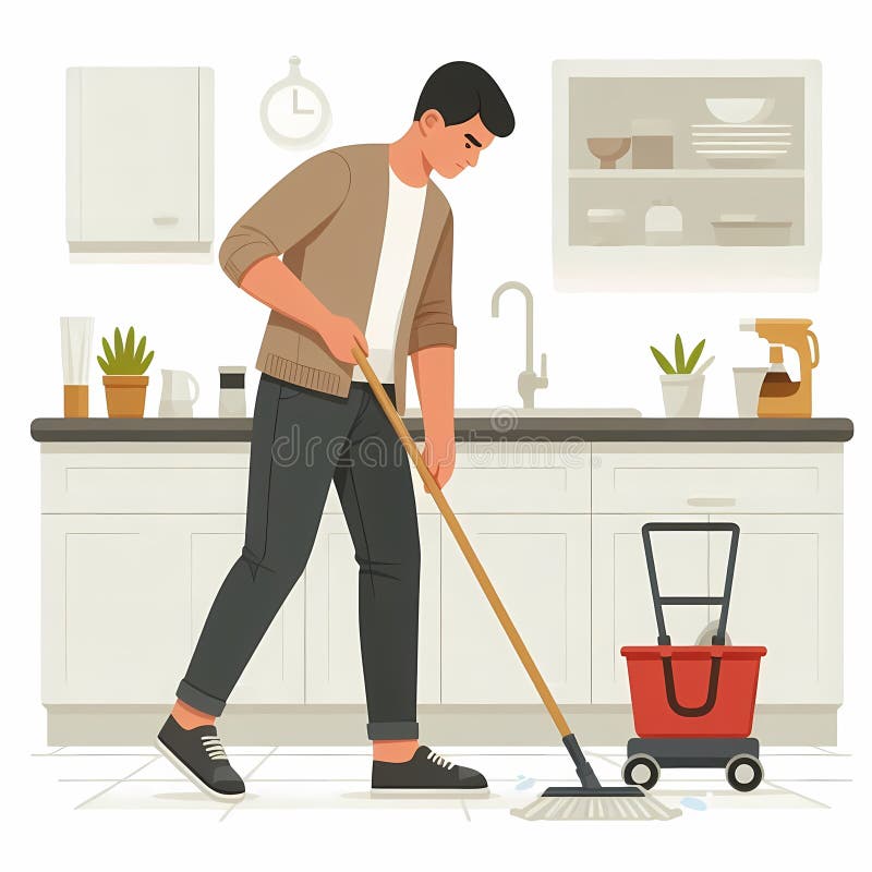 Flat Style Illustration of a Man Mopping the Kitchen Floor, White ...