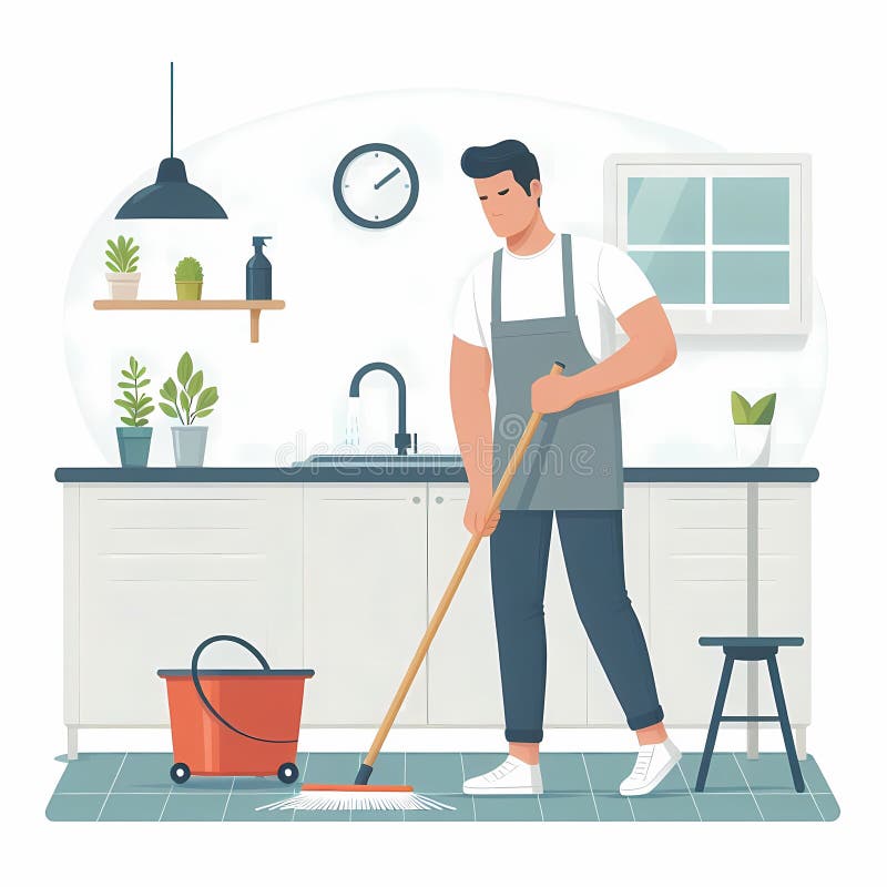 Flat Style Illustration of a Man Mopping the Kitchen Floor, White ...