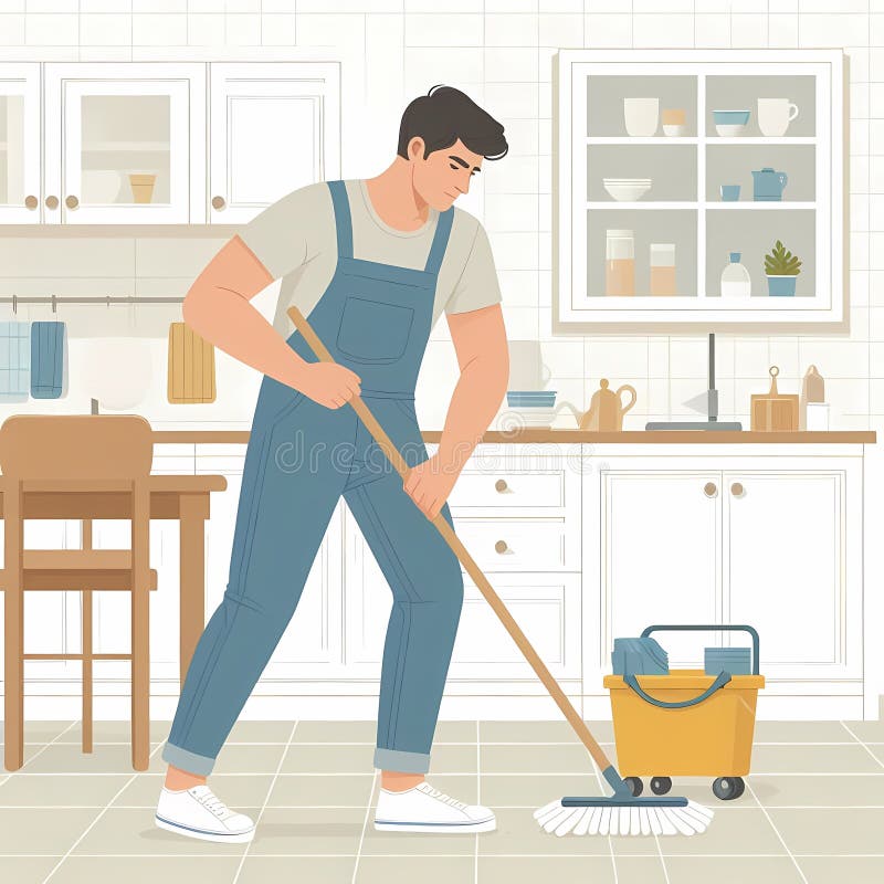 Flat Style Illustration of a Man Mopping the Kitchen Floor, White ...
