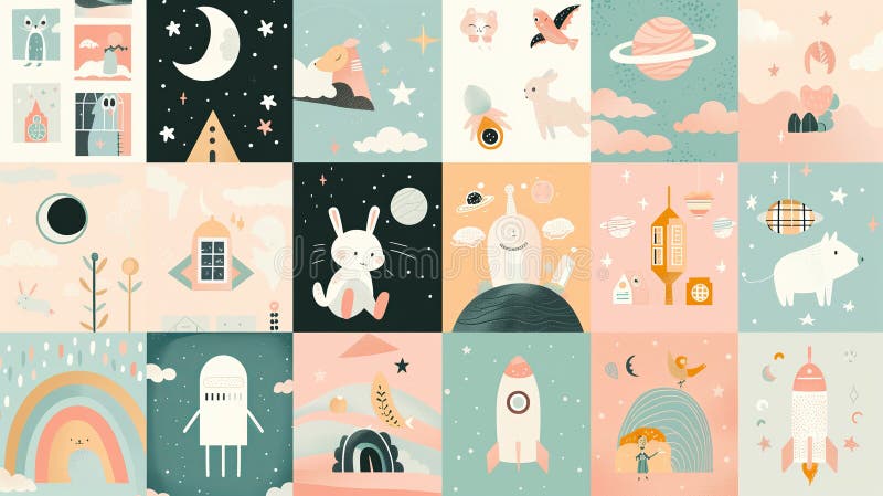 A Flat Style Illustration of a Set of Children S Drawings, Displayed in ...