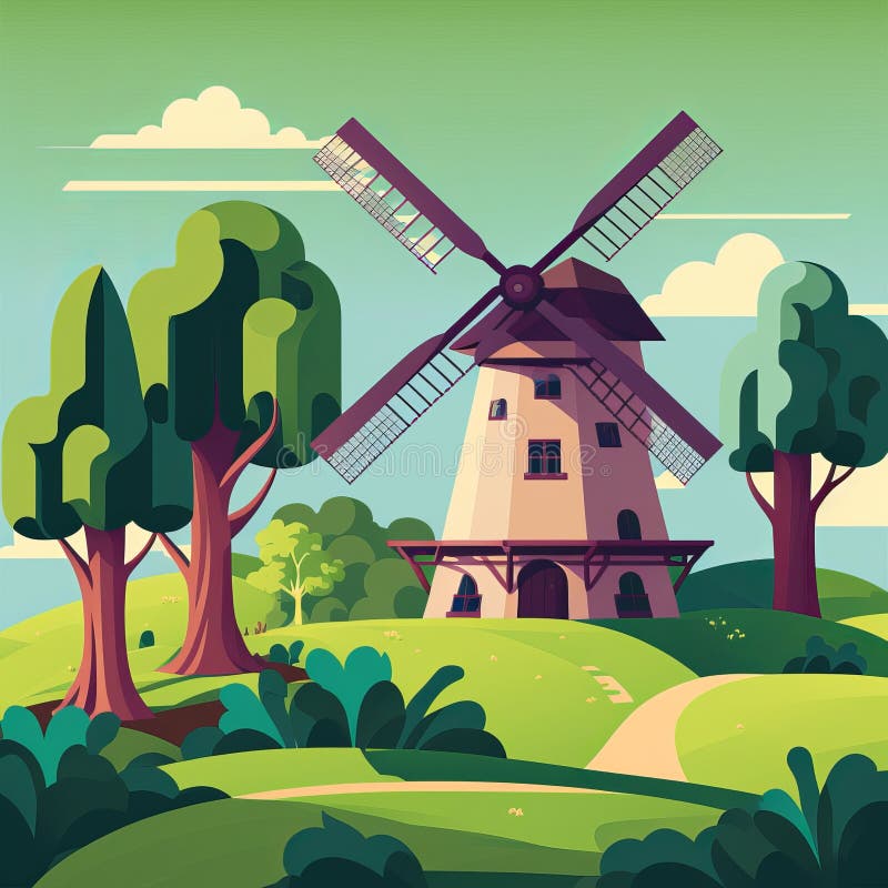 Flat Style Minimalism Landscape with Windmill Generative AI Stock Image ...