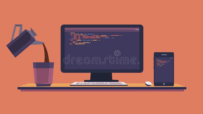 Flat Style Loop Animation of a Computer with Code, Coffee Pot Pouring ...