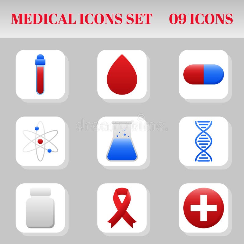 Flat Style 09 Medical Red and Blue Icon Set on Square Stock ...