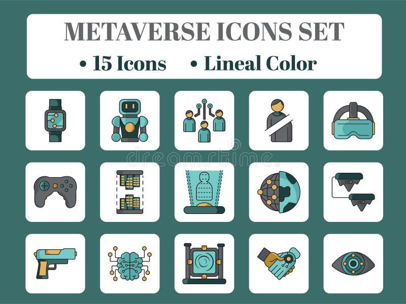 Flat Style Metaverse 15 Icon Set on White and Teal Square Stock ...