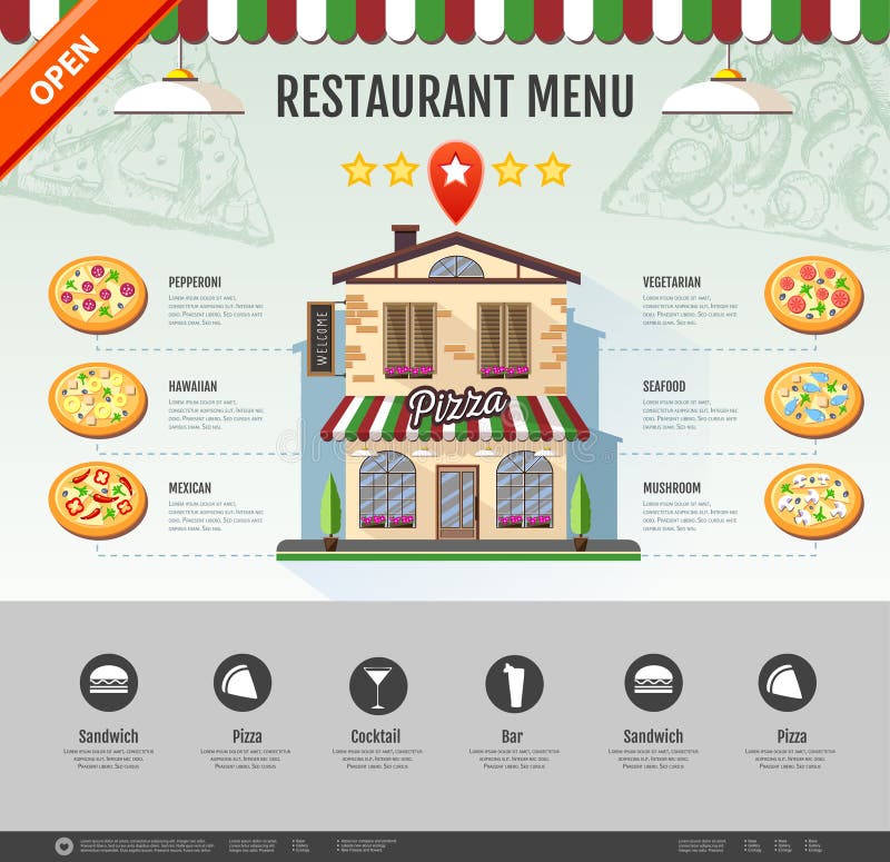 Flat Style Pizzeria Cafe Design. Web Site Design. Pizza Menu Stock ...