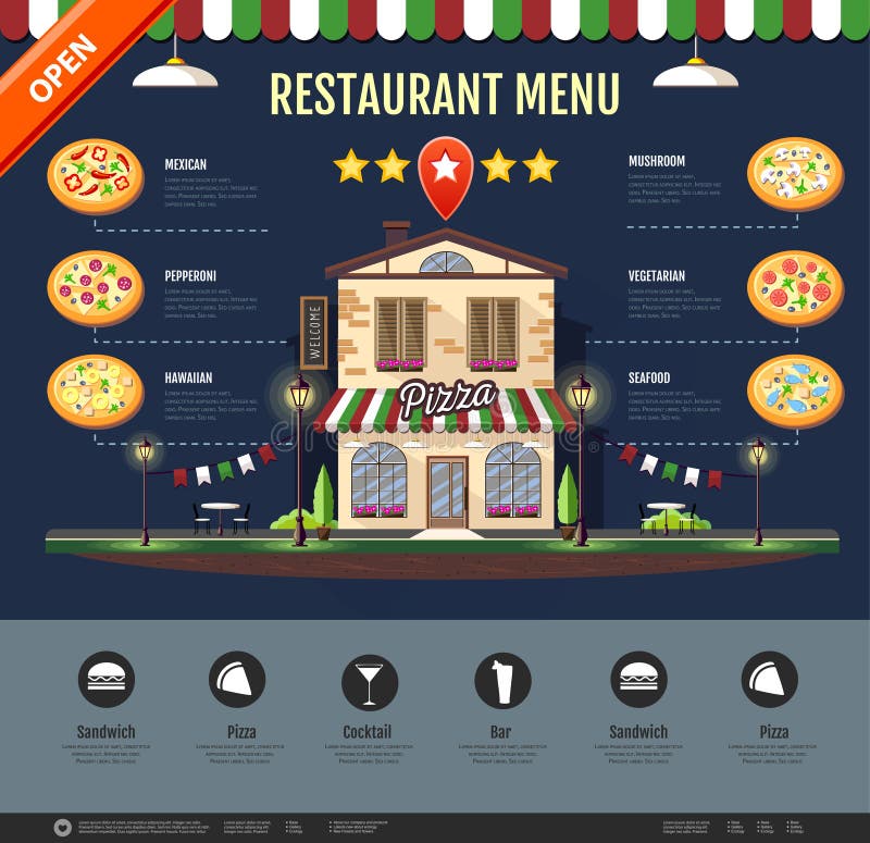 Flat Style Pizzeria Cafe Design. Web Site Design. Pizza Menu Stock ...