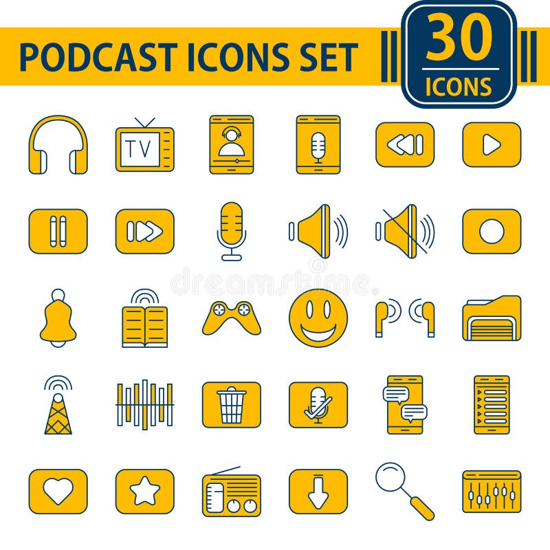 Flat Style Podcast Icon Set in Yellow and White Stock Illustration ...