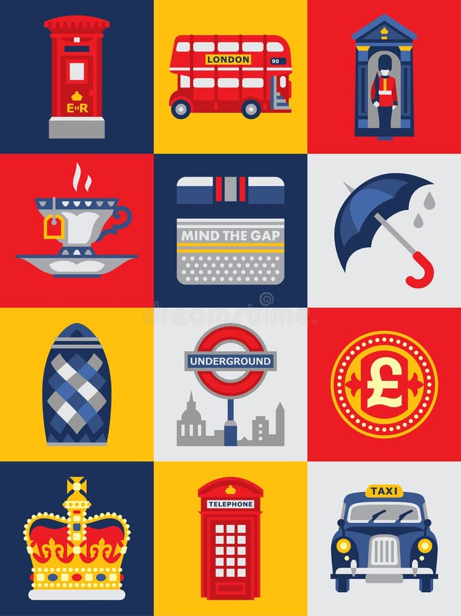 Flat Style Poster with London Symbols and Landmarks. Stock Illustration ...