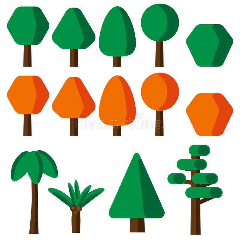 Flat Style Simple Tree Icons Set Stock Vector - Illustration of minimal ...