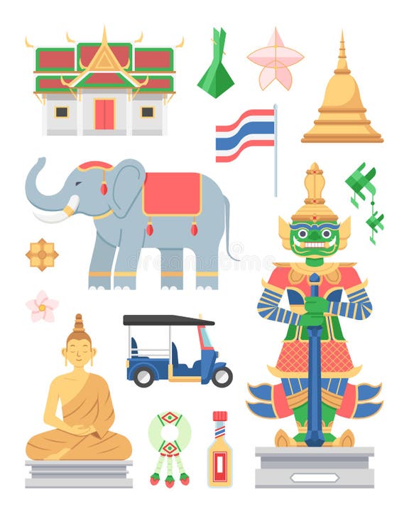 Flat Style Thailand Elements Set Vector Illustration Stock Vector ...