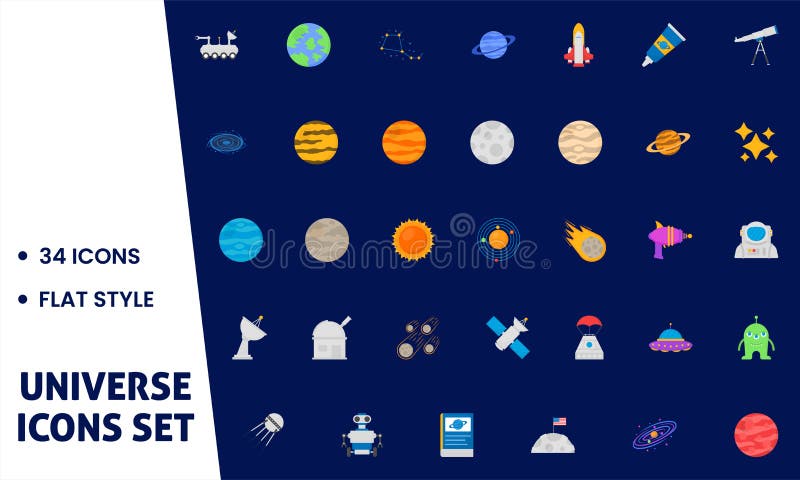 34 Flat Style Universe Icon Set in Blue and White Stock Illustration ...