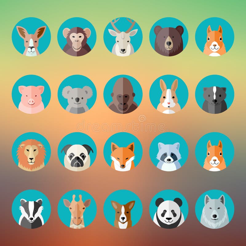 Flat Style Vector Animal Portraits or Avatars Icon Set with Blurred ...