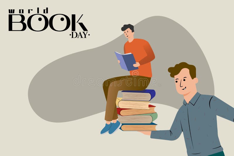 Flat Style Vector Illustration of Young Man Sitting Near Stack of Books ...
