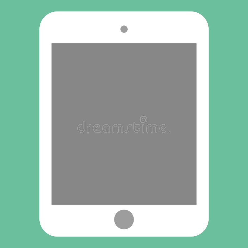 Flat Style White Tablet with Big Button and Grey Empty Screen on Green ...