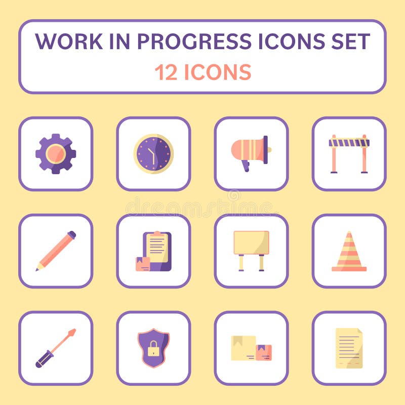 Flat Style Work in Progress 12 Icon Set on Yellow and White Square ...