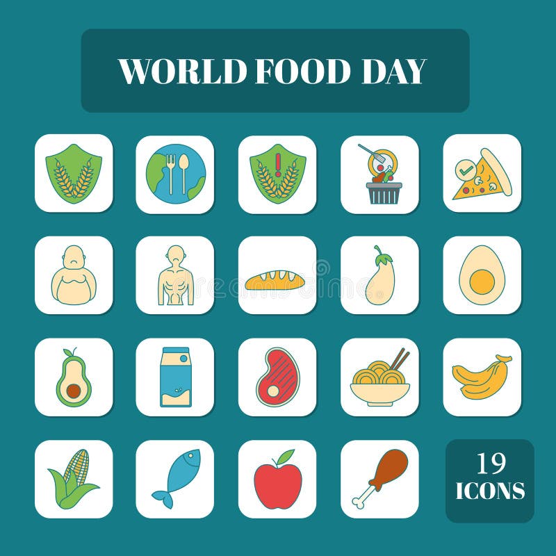 Flat Style World Food Day Square Icon Set on Teal Stock Illustration ...