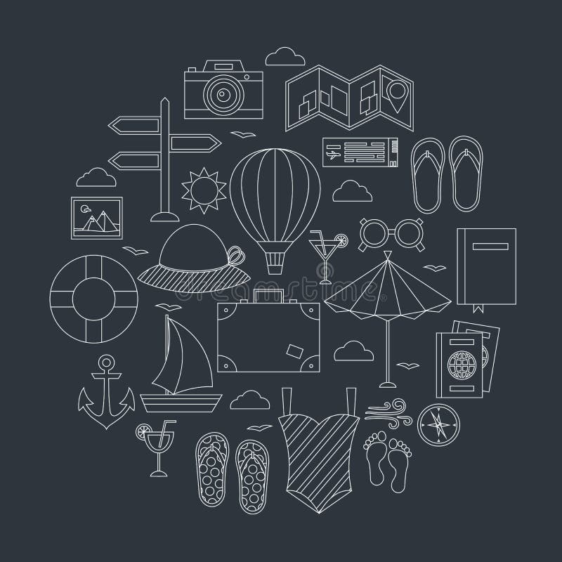 Flat Summer Travel Line Objects Set Stock Vector - Illustration of ...