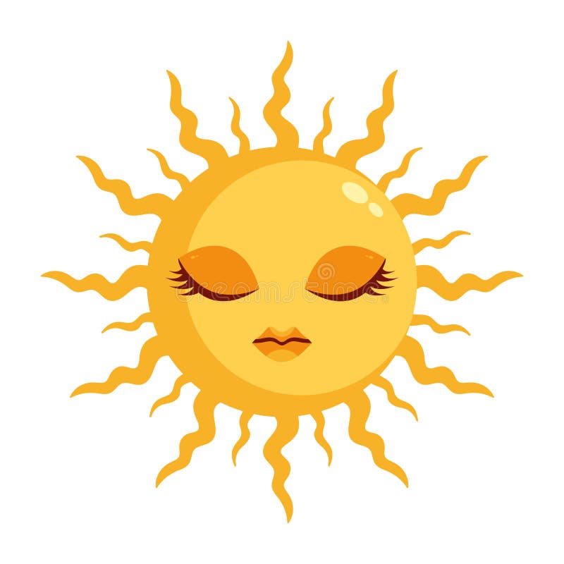 Flat Sun Character with Human Face and Closed Eyes. Sun Icon Isolated on White Background Stock ...