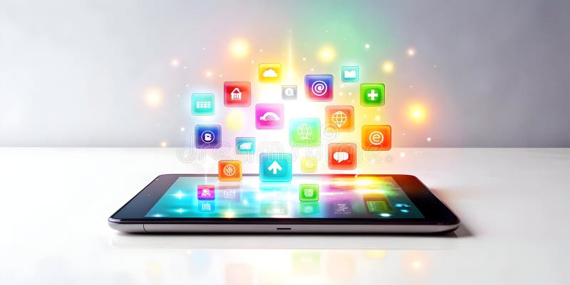 Flat Tablet with Holographic Icons Concept As a Tablet Lying Flat on a ... Flat Tablet with Holographic Icons Concept As a Tablet Lying Flat on a ...