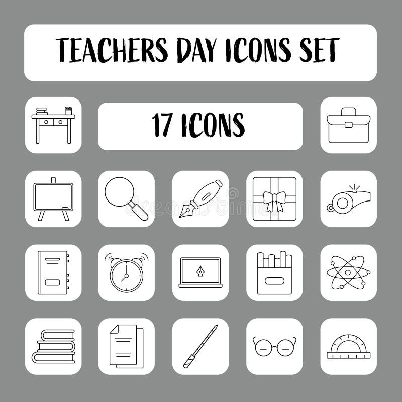 Flat Teacher Day Icon Set on Grey Square Stock Illustration ...