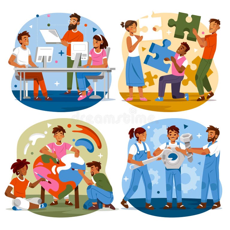 Flat Teamwork Travel Mini Compositions Set Stock Vector - Illustration ...
