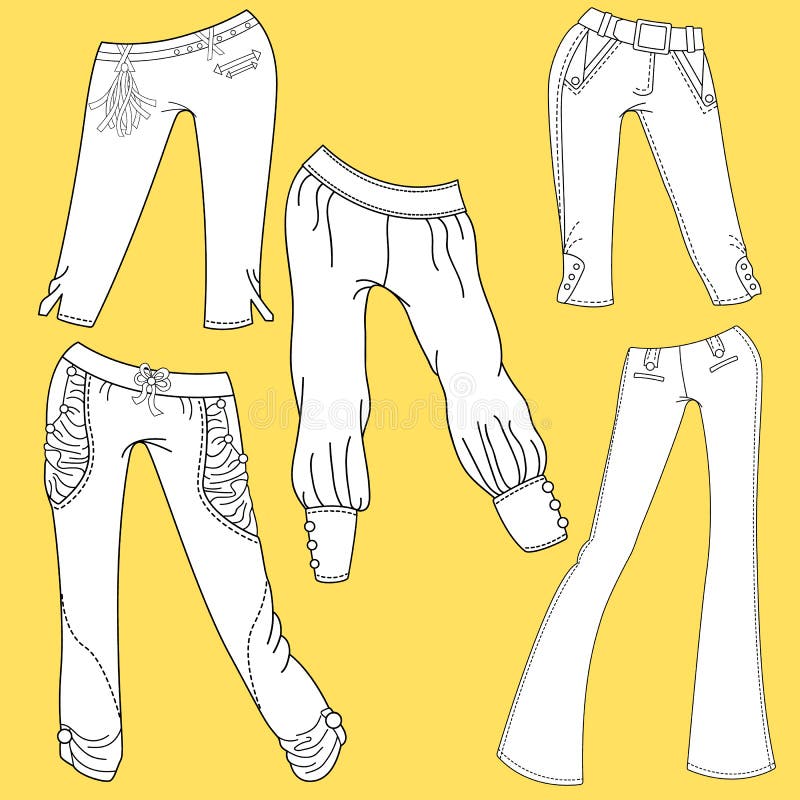 Flat Template Sketches of Different Denim and Jeans Clothes. Set of ...