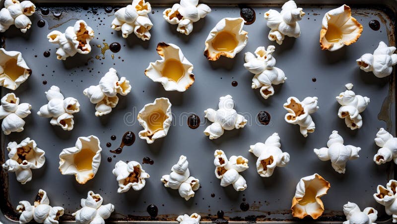 Flat Texture of Microwave Popcorn Shells Scattered on Tray with Burnt ...