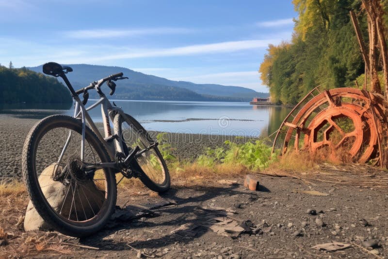 Flat Tire and Bike Frame Resting Against a Scenic Backdrop Stock Image ...