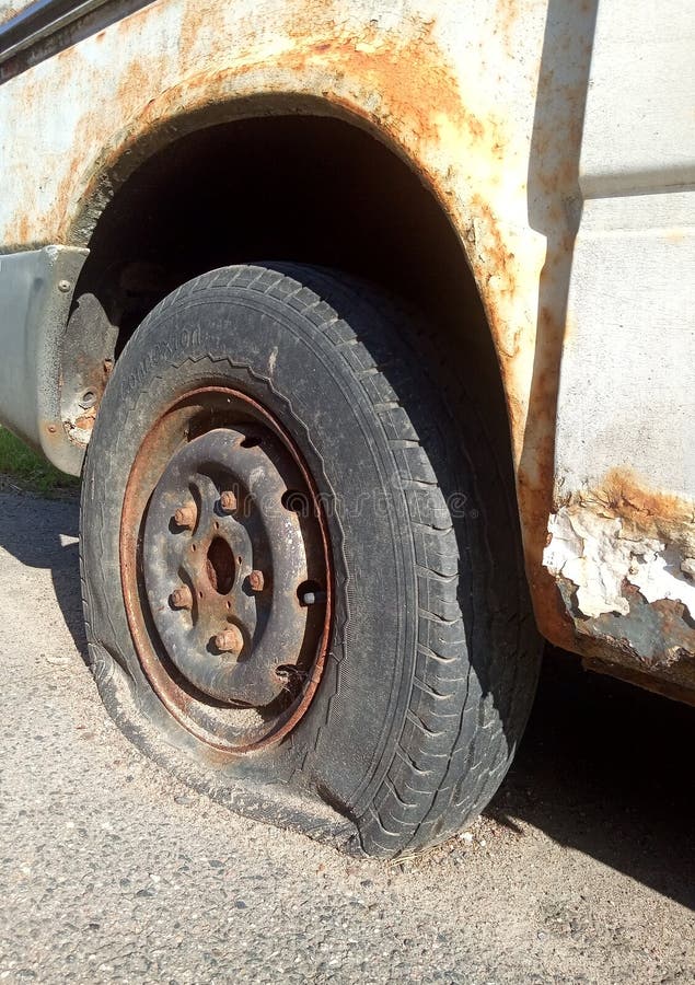 Flat Tire and Rusty Car, Old Car Elements Stock Image - Image of cars ...