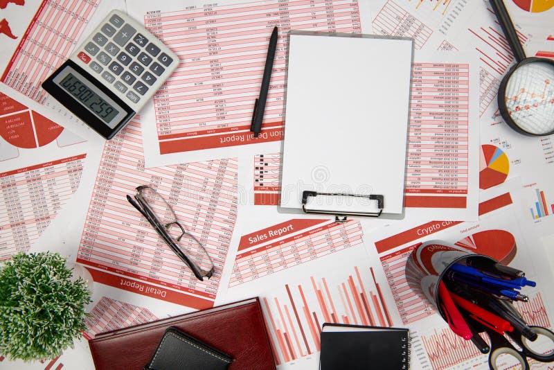 Flat Top View of Business Workspace - Reports with Data, Tables and ...