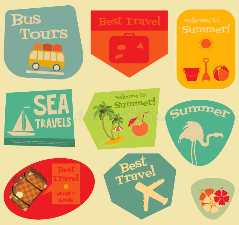 Flat Travel Stickers Set stock vector. Illustration of flat - 55826700
