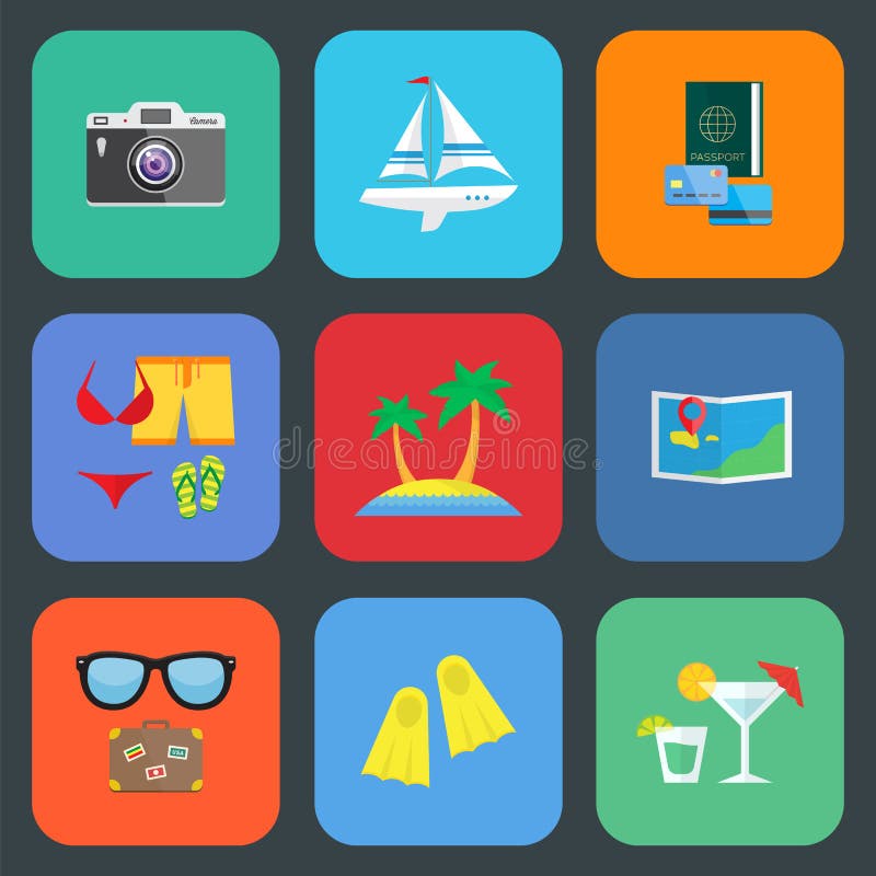Flat Travel or Vacation Icon Set Stock Vector - Illustration of icon ...