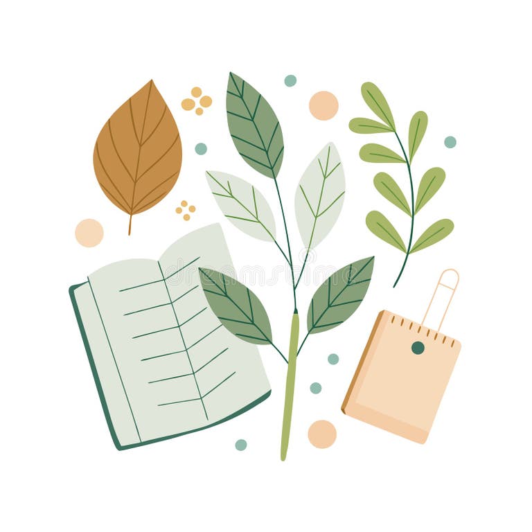 Flat Vector Arrangement Featuring Open Notebook, Leaves, and Notepad ...