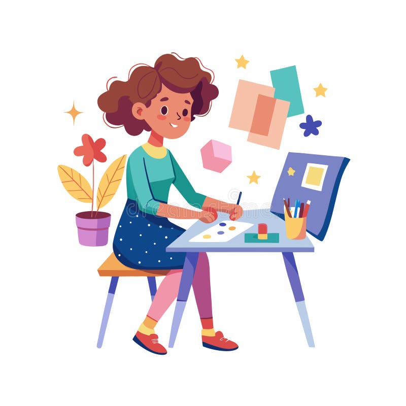 Flat Vector Art of Girl Drawing at Desk Surrounded by Creative Elements ...