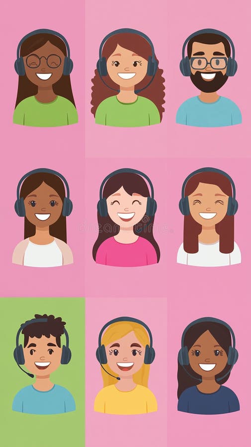 Flat Vector Avatars of a Diverse Customer Support Team Smiling ...