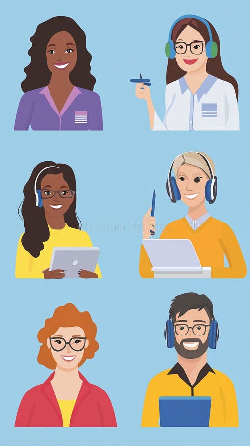 Flat Vector Avatars of Mature Workers in Customer Support Roles ...