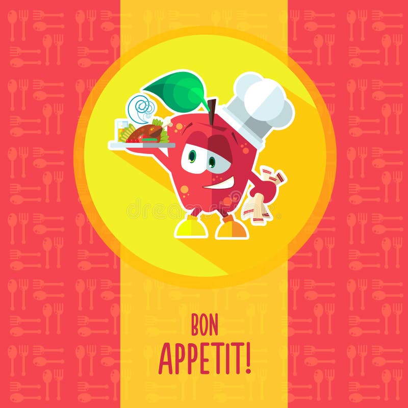 Flat Vector Card with Chef Cartoon Apple and Kitchenware Stock Vector ...