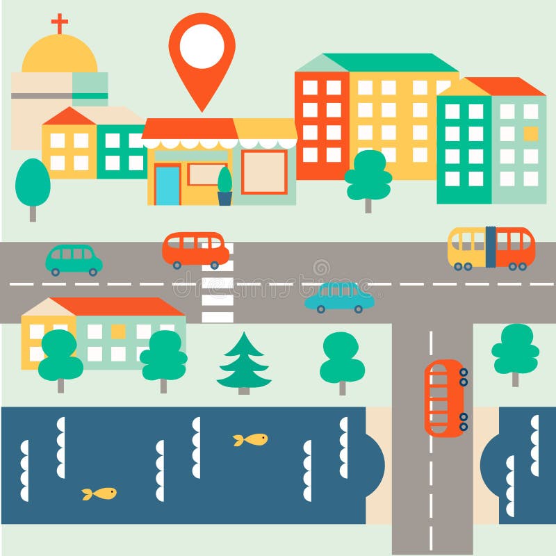 Flat Vector City Map with Checkpoint Stock Vector - Illustration of ...