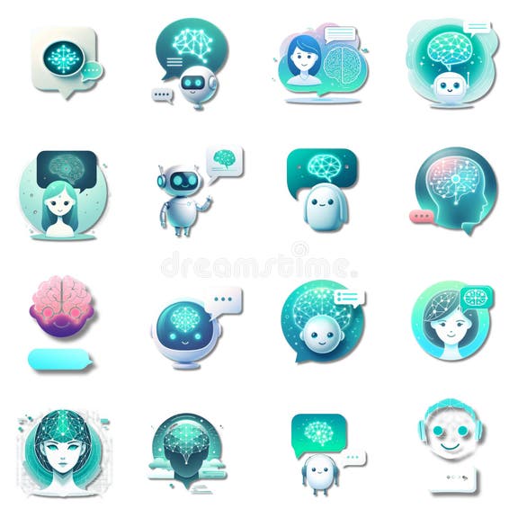 Flat Vector Collage of AI Assistant Illustrations with Glowing Brain ...