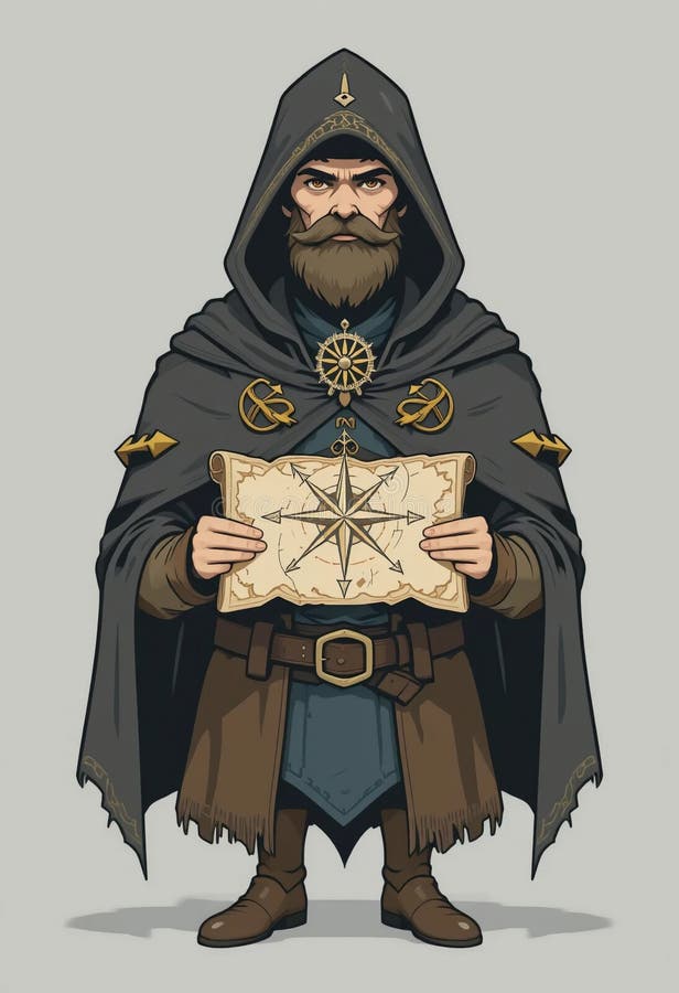 Flat Vector Compass Ranger with Directional Cloak and Map Scroll Stock ...