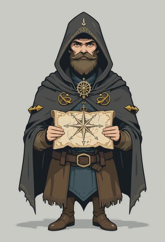Flat Vector Compass Ranger with Directional Cloak and Map Scroll Stock ...