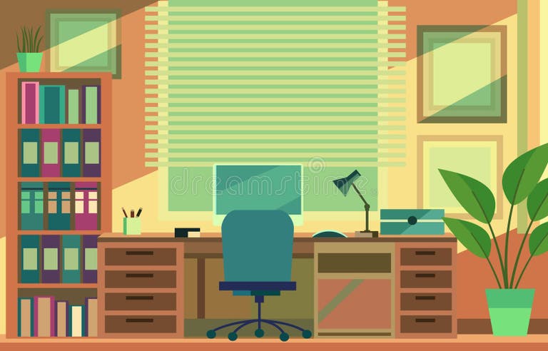 Flat Vector Design of Colorful Workplace Landscape in the Office with ...