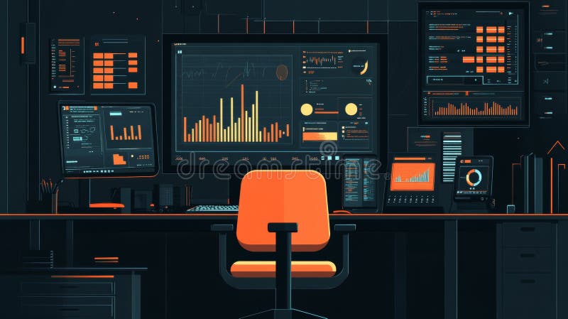 Flat Vector Design of a Data System with Charts on a Screen in a Dark ...