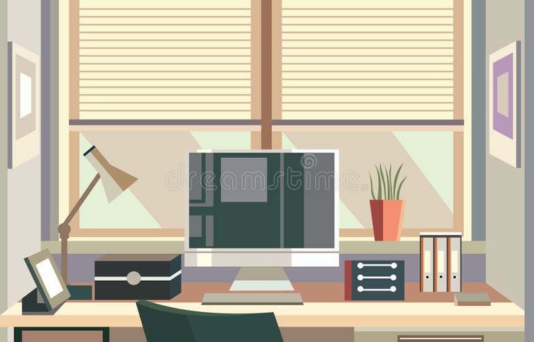 Flat Vector Design of Modern Workplace Landscape in the Office with ...