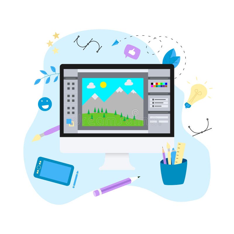 Flat Vector Graphic Drawing Concept with Open Illustration Application ...