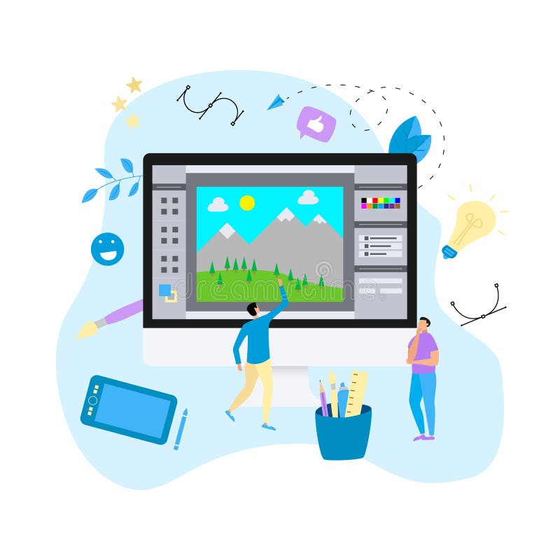 Flat Vector Graphic Drawing Concept with Open Illustration Application ...