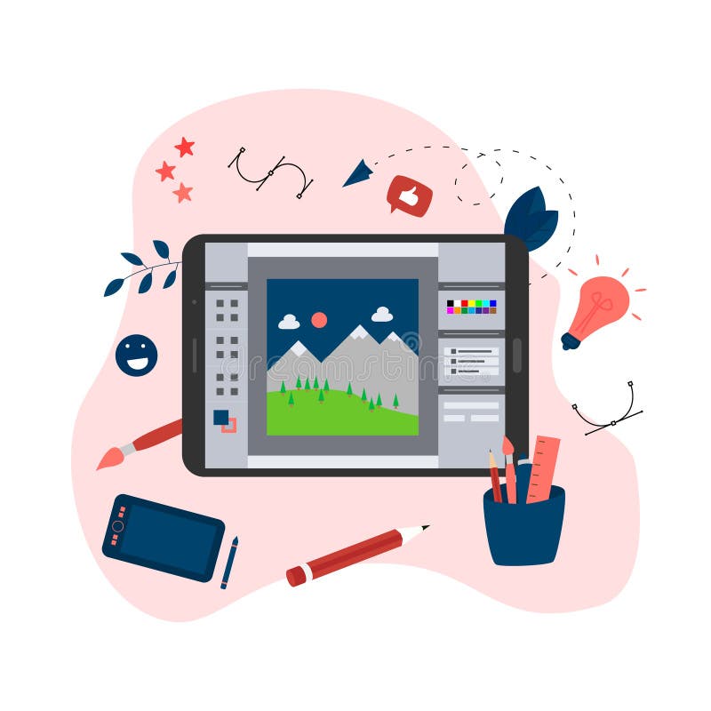 Flat Vector Graphic Drawing Concept with Open Illustration Application ...